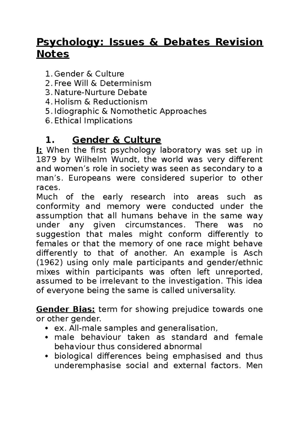 Issues AND Debates - Psychology: Issues & Debates Revision Notes Gender ...