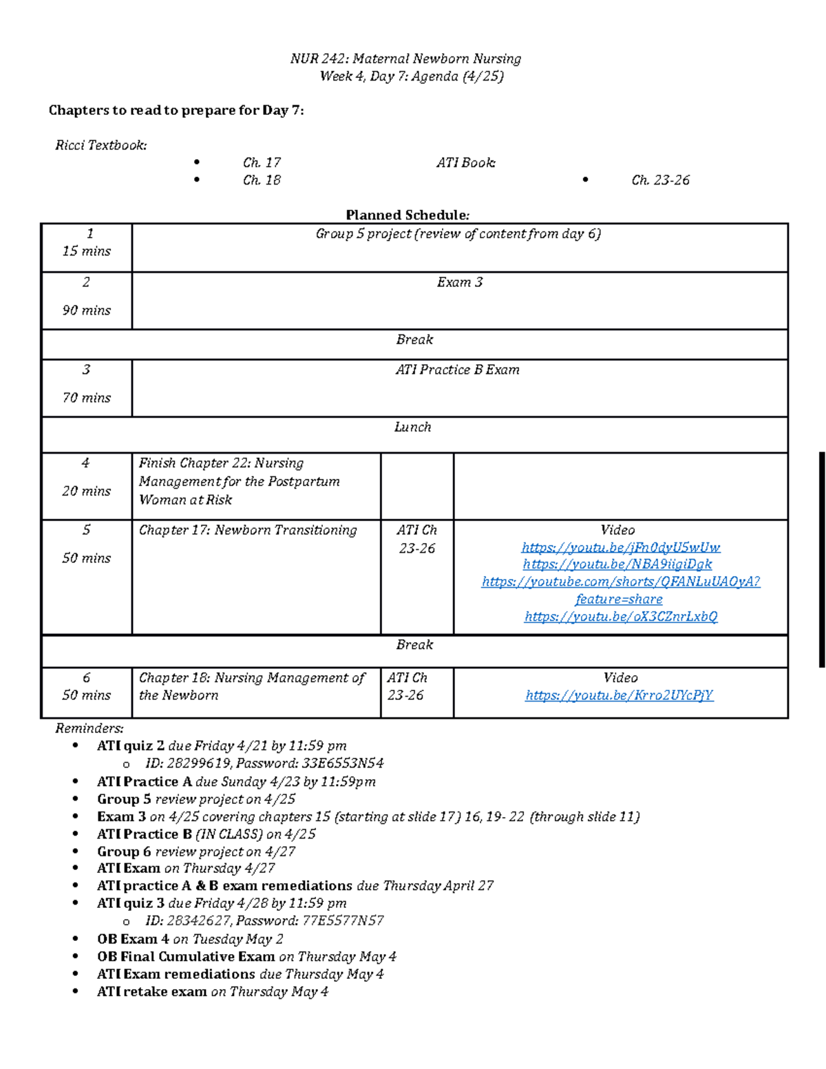 OB agenda W4D7 - Mrs. Rebecca Slack - NUR 242: Maternal Newborn Nursing ...