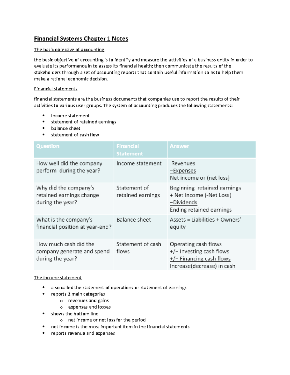 Chapter Notes - Financial Systems Chapter 1 Notes The basic objective ...