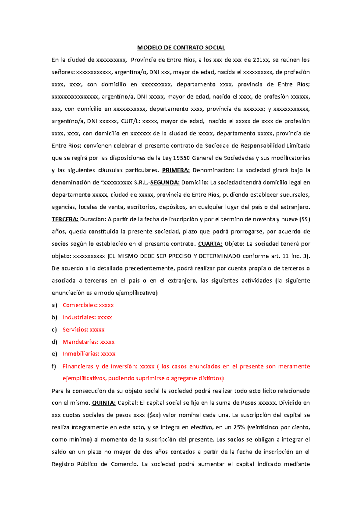 Contrato SRL modelo contrato social - MODELO DE CONTRATO SOCIAL En la ...