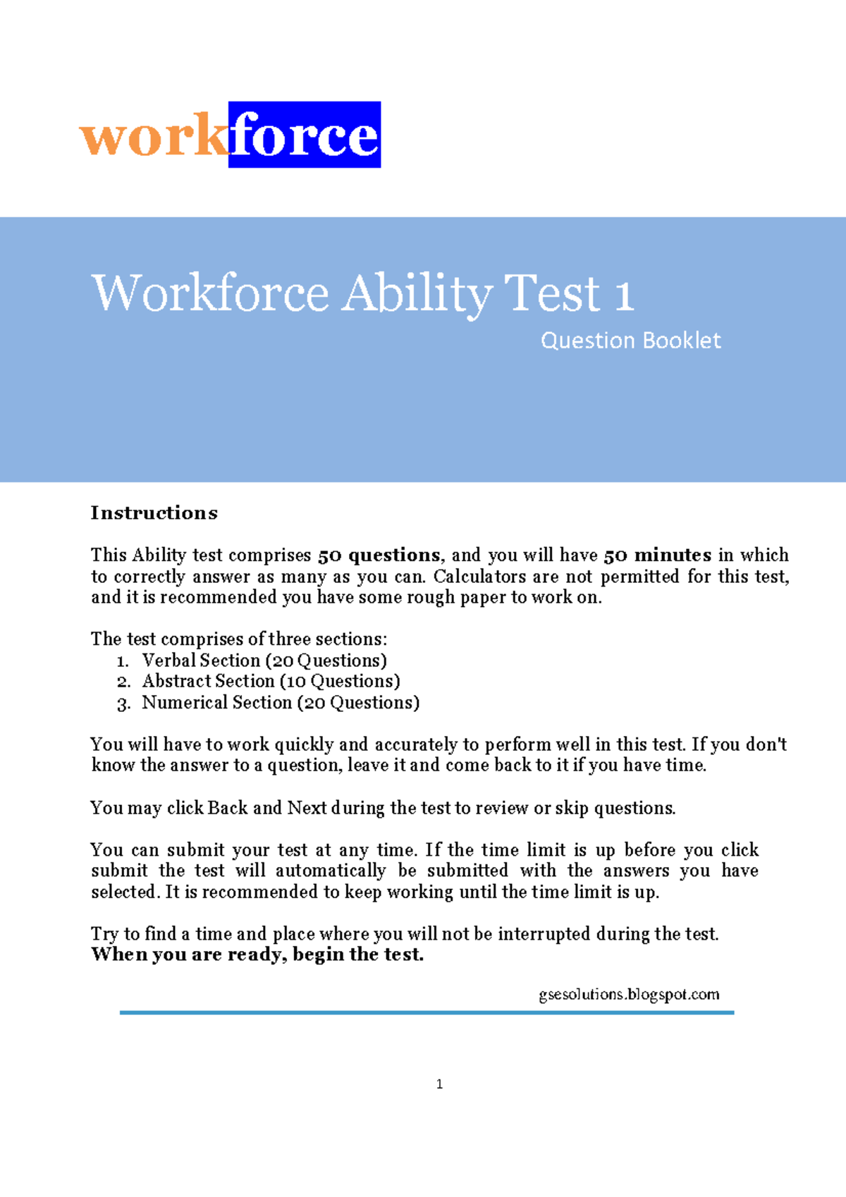 Workforce Ability Test 1 - workforce Workforce Ability Test 1 Question ...
