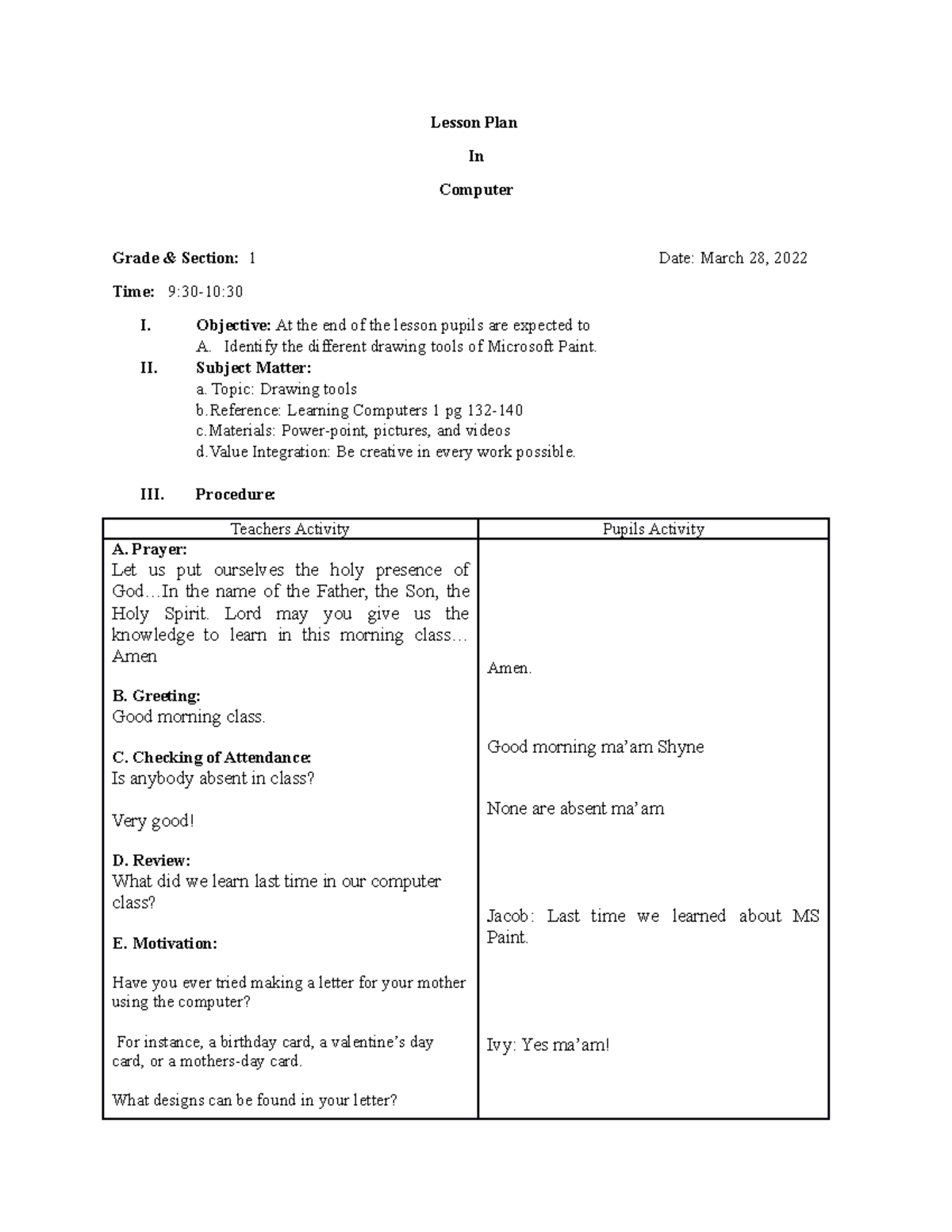 Computer 1 WEEK 1 - Lesson Plan In Computer Grade & Section: 1 Date ...