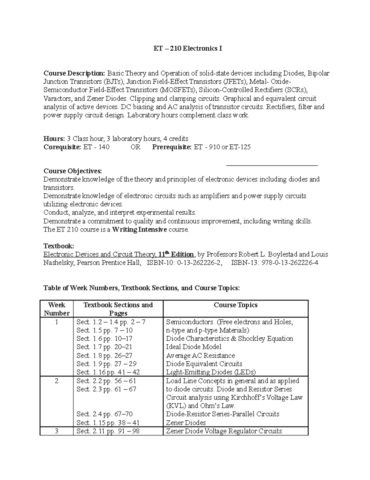 ET-210 Syllabus - ET – 210 Electronics I Course Description: Basic ...