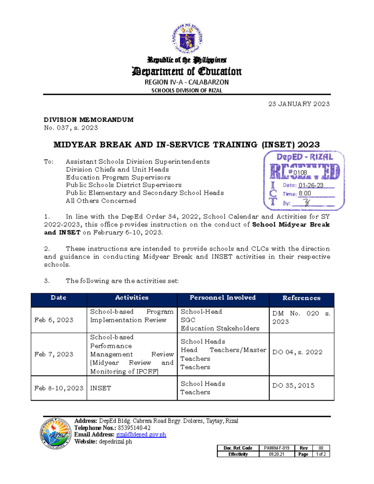 Division Memorandum No. 037, s. 2023 - Republic of the Philippines Department of Education ...