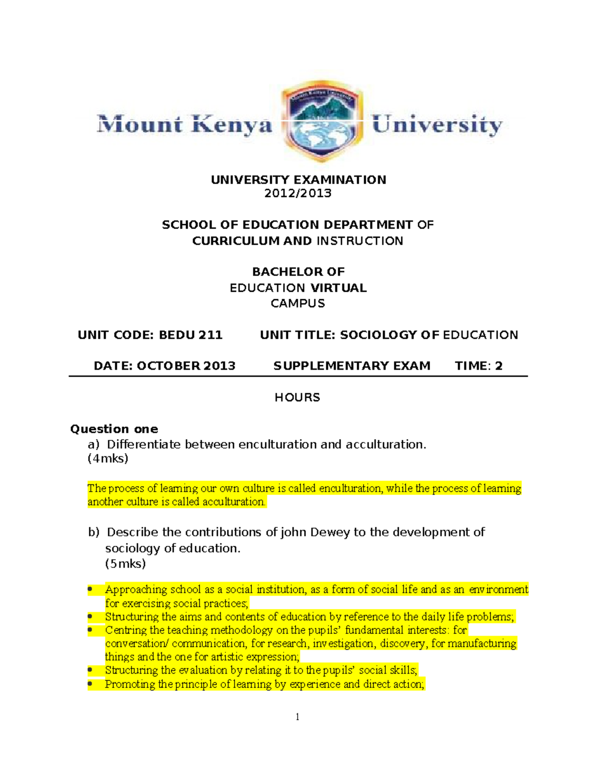 BEDU 211 S Ociology OF Education SUPP - 1 UNIVERSITY EXAMINATION 2012 ...