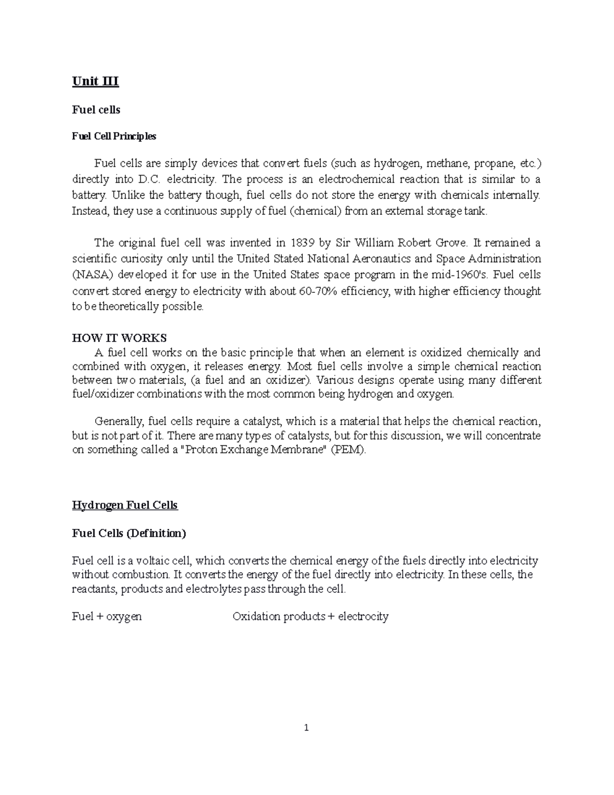 Study materials-Unit-3 - Unit III Fuel cells Fuel Cell Principles Fuel ...