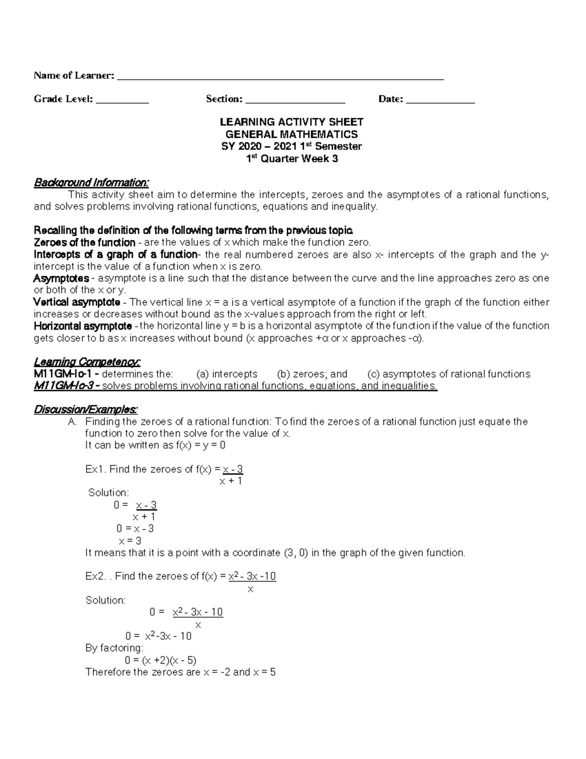 Asymptotes, Zeros, Intercepts - Name of Learner: - Studocu