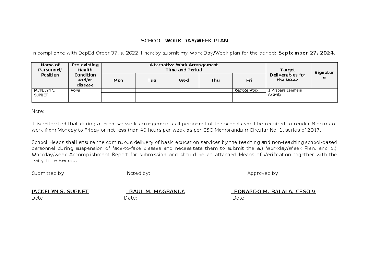 2024 Work Week Plan - SCHOOL WORK DAY/WEEK PLAN In compliance with ...
