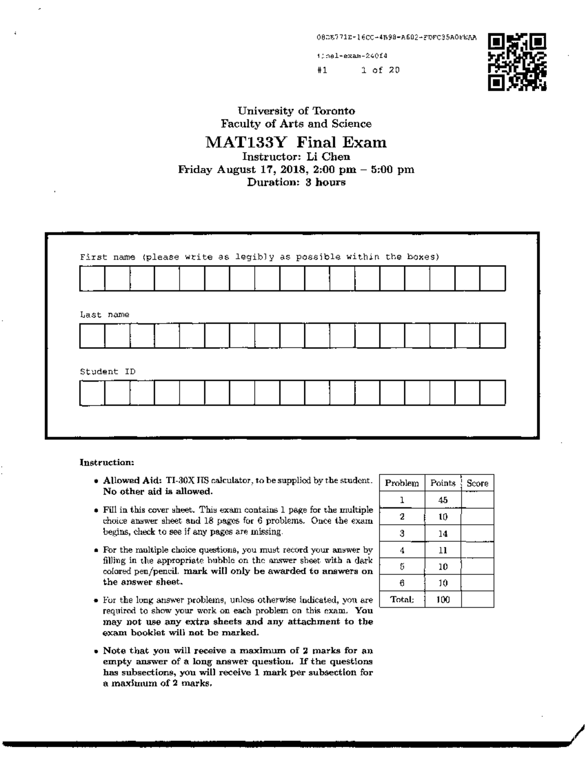 Mat133y-au18 - past exam paper - 08DE771E-16CC-4B98-A602-FDFC35A0FEAA ...