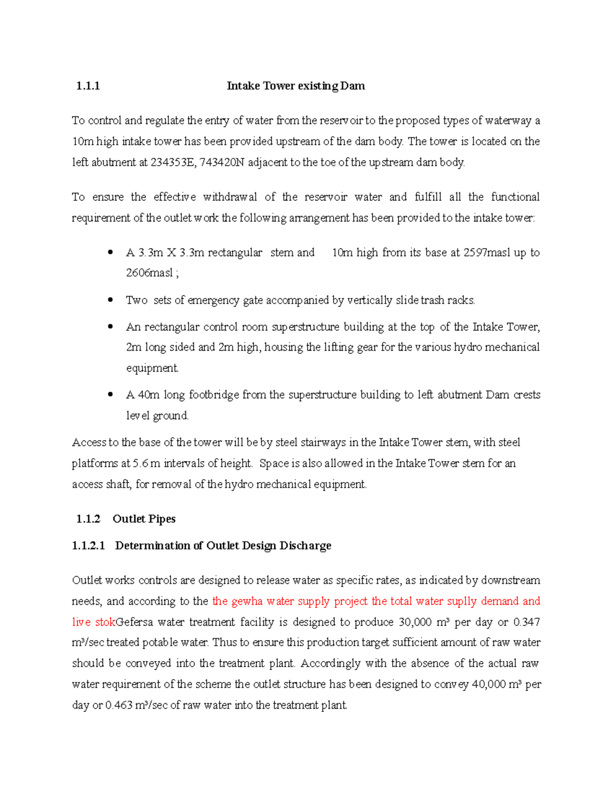 Design report - 1.1 Intake Tower existing Dam To control and regulate ...