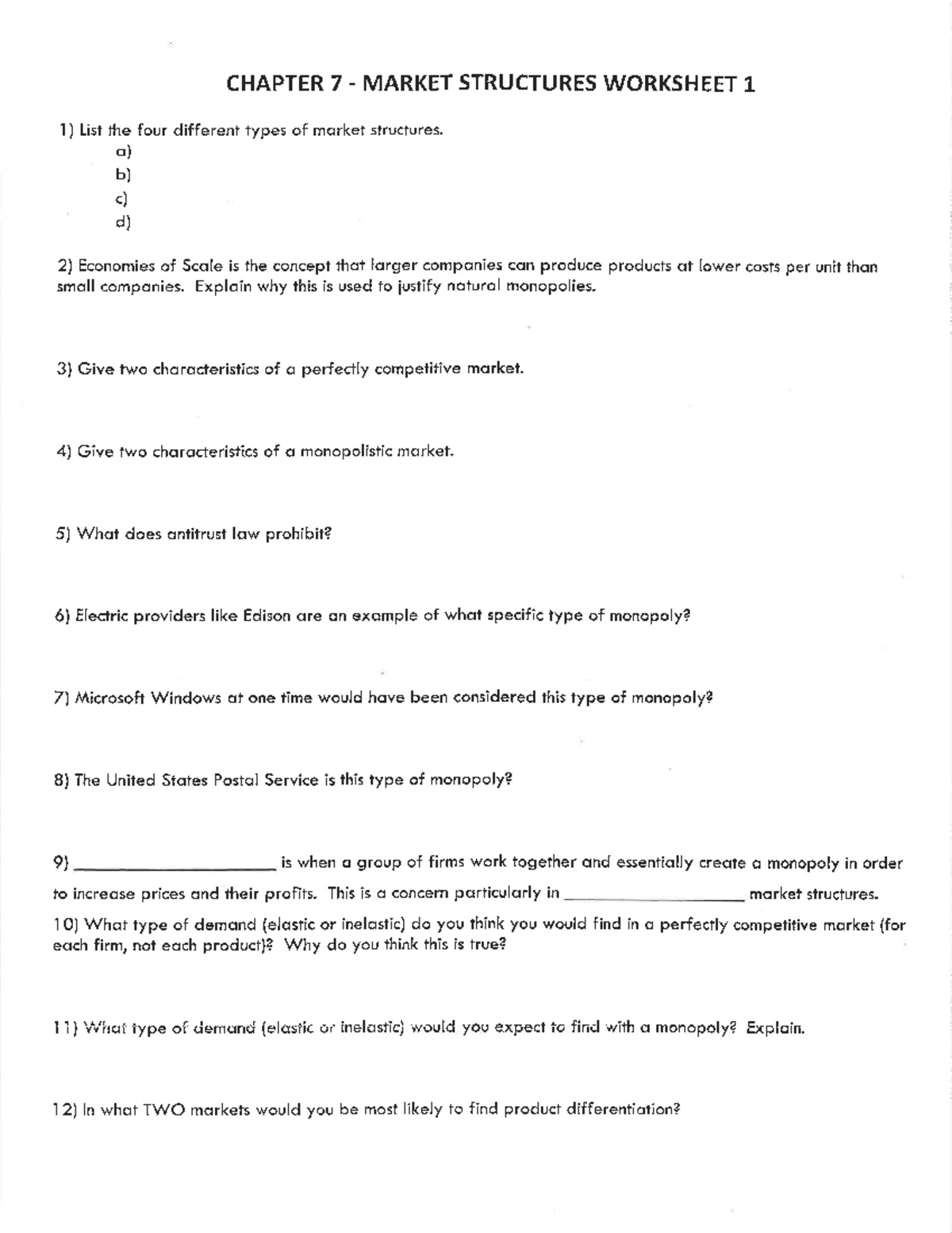 Market Structures Worksheet 1 - 101 - Studocu