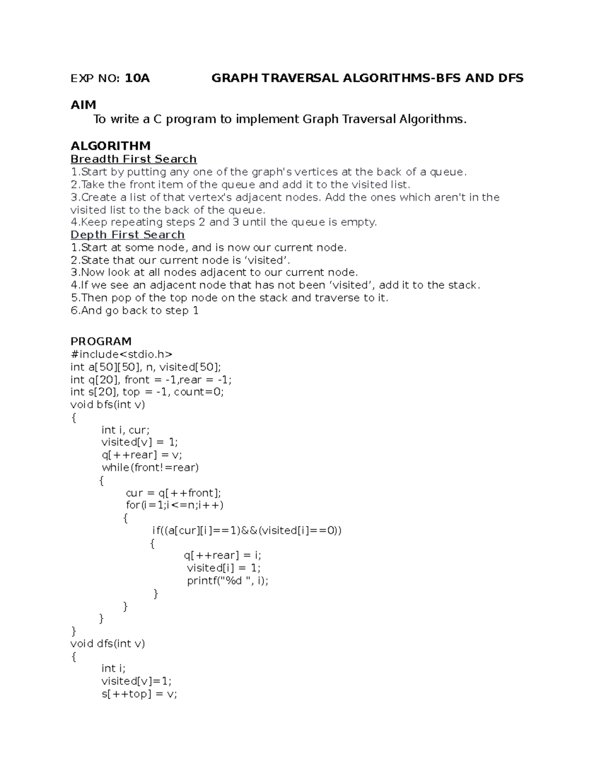 Exp No 10 And 11 Java Exp No 10a Graph Traversal Algorithms Bfs And Dfs Aim To Write A C