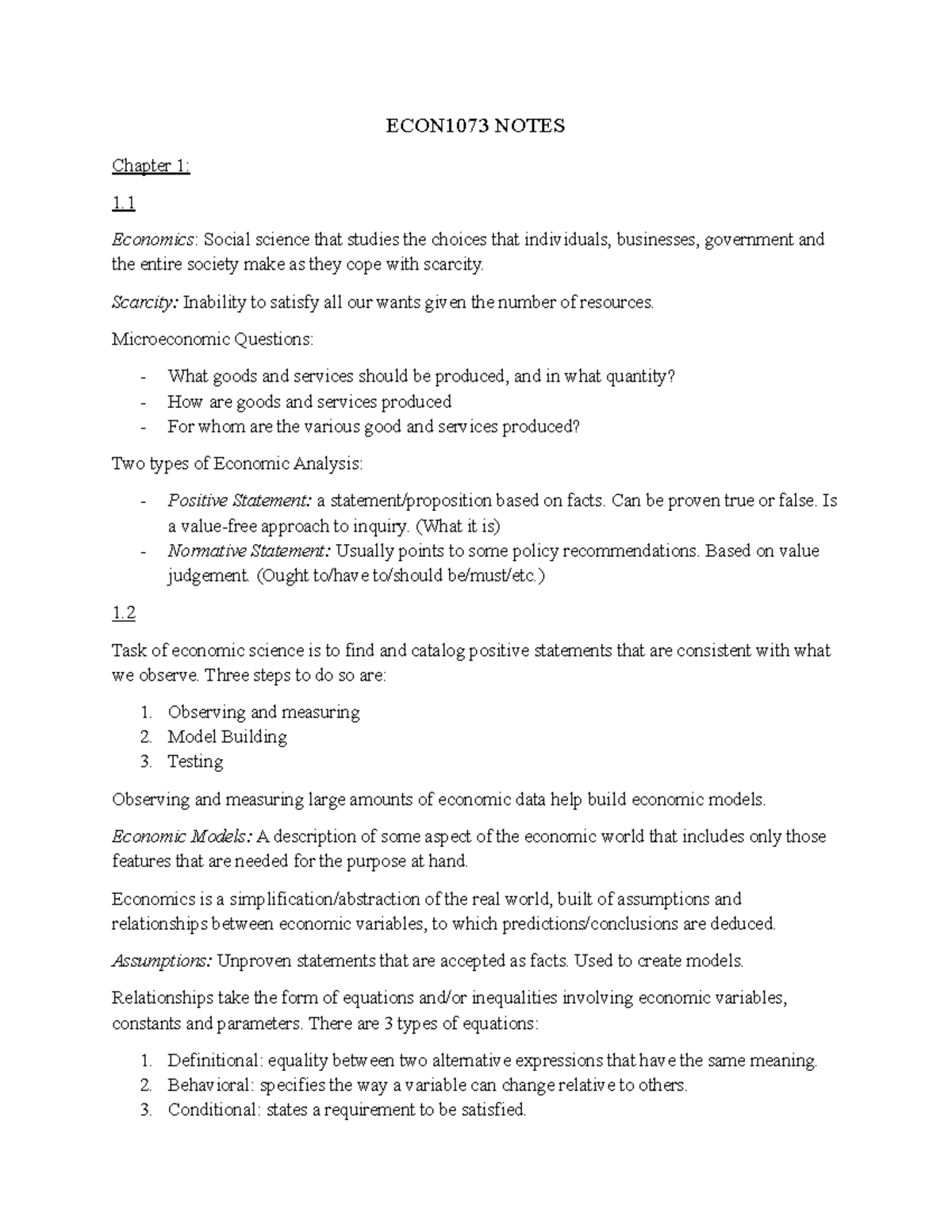Chapter 1,2,3 notes from Textbook. Covers definitions and graphs ...