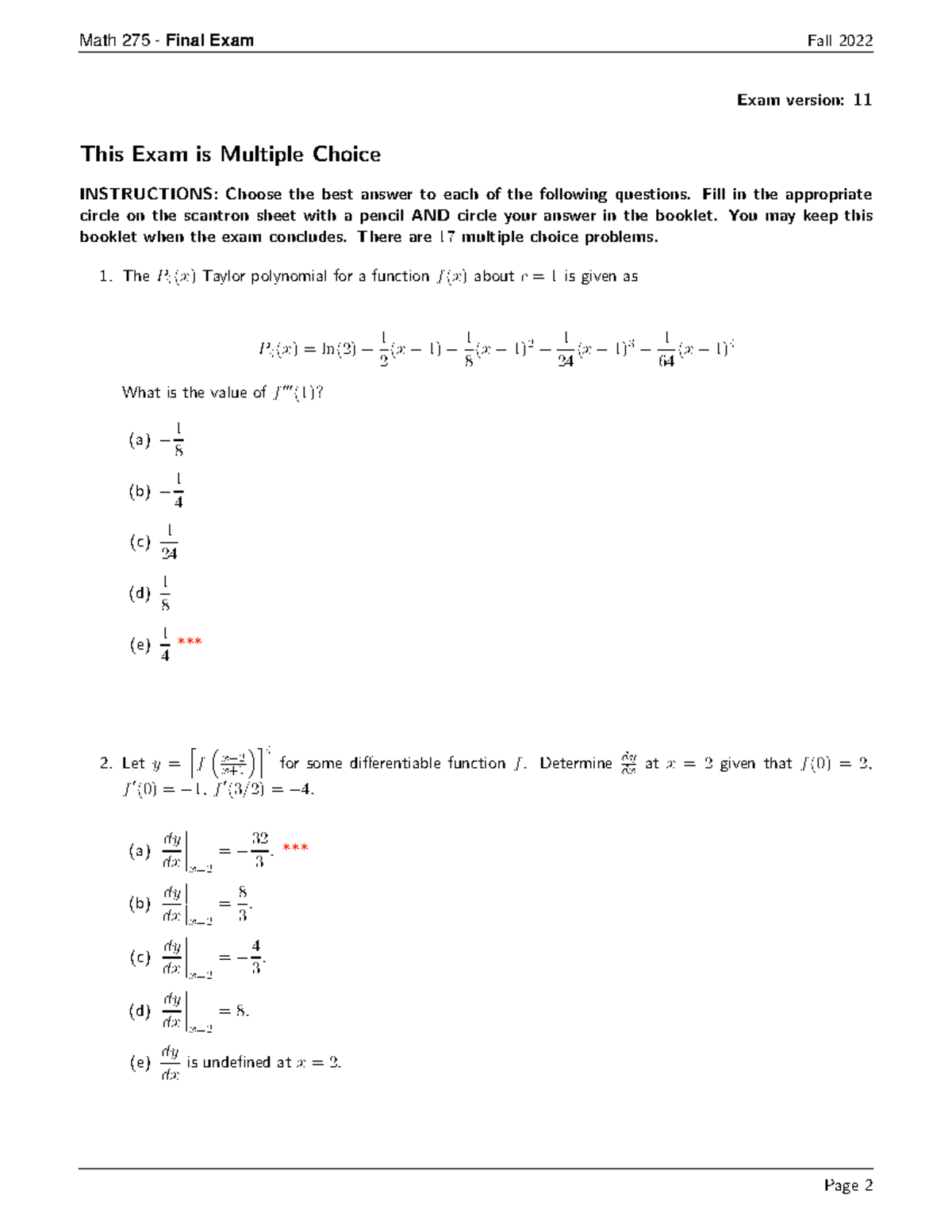 MATH275 MC Final Exam - Exam version: 11 This Exam is Multiple Choice ...