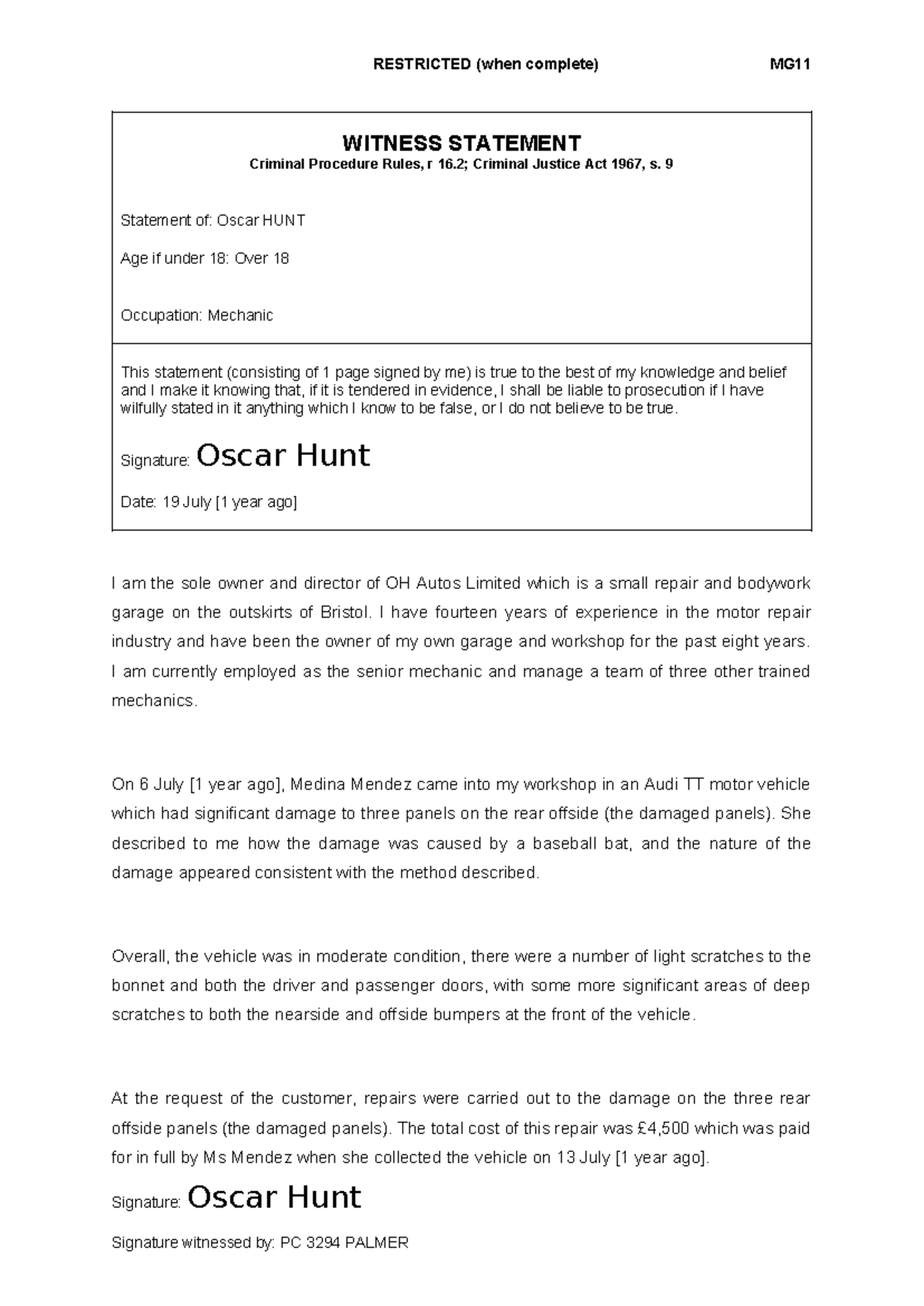 BTC Crime W3 Oscar Hunt WS - RESTRICTED (when complete) MG WITNESS ...