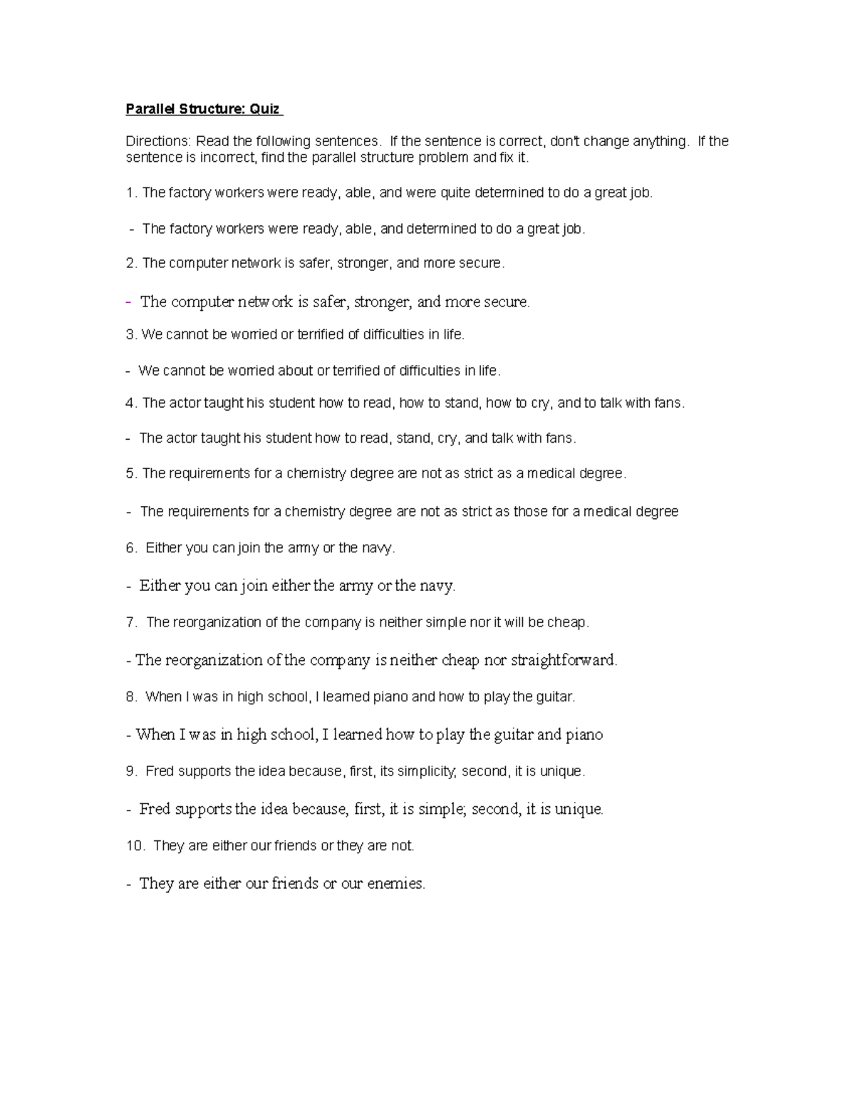 Parallel Structure Quiz - Parallel Structure: Quiz Directions: Read the ...