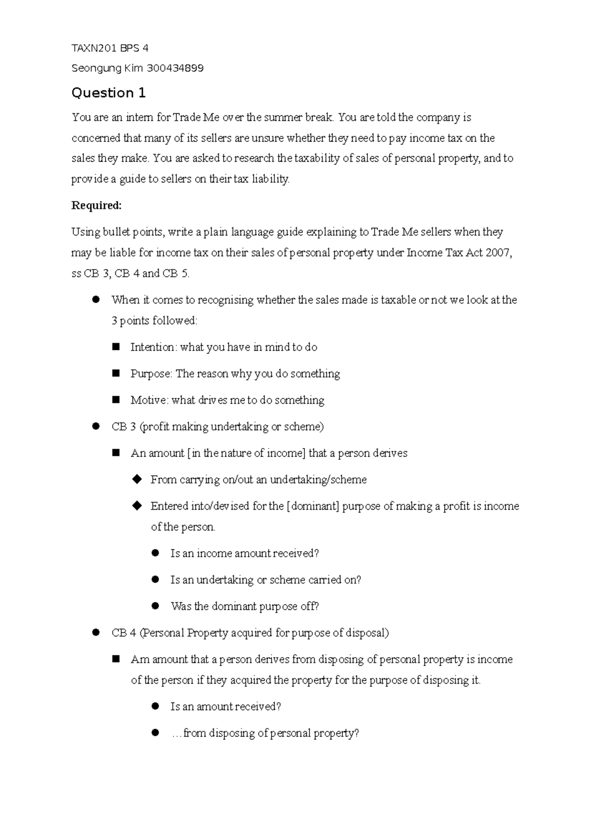 Bullet Point summary 4 - TAXN201 BPS 4 Seongung Kim 300434899 Question ...