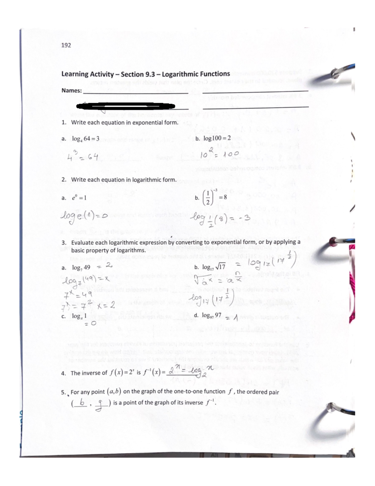 Learning Activity - Section 9.3 - Logarithmic Functions - Write each ...