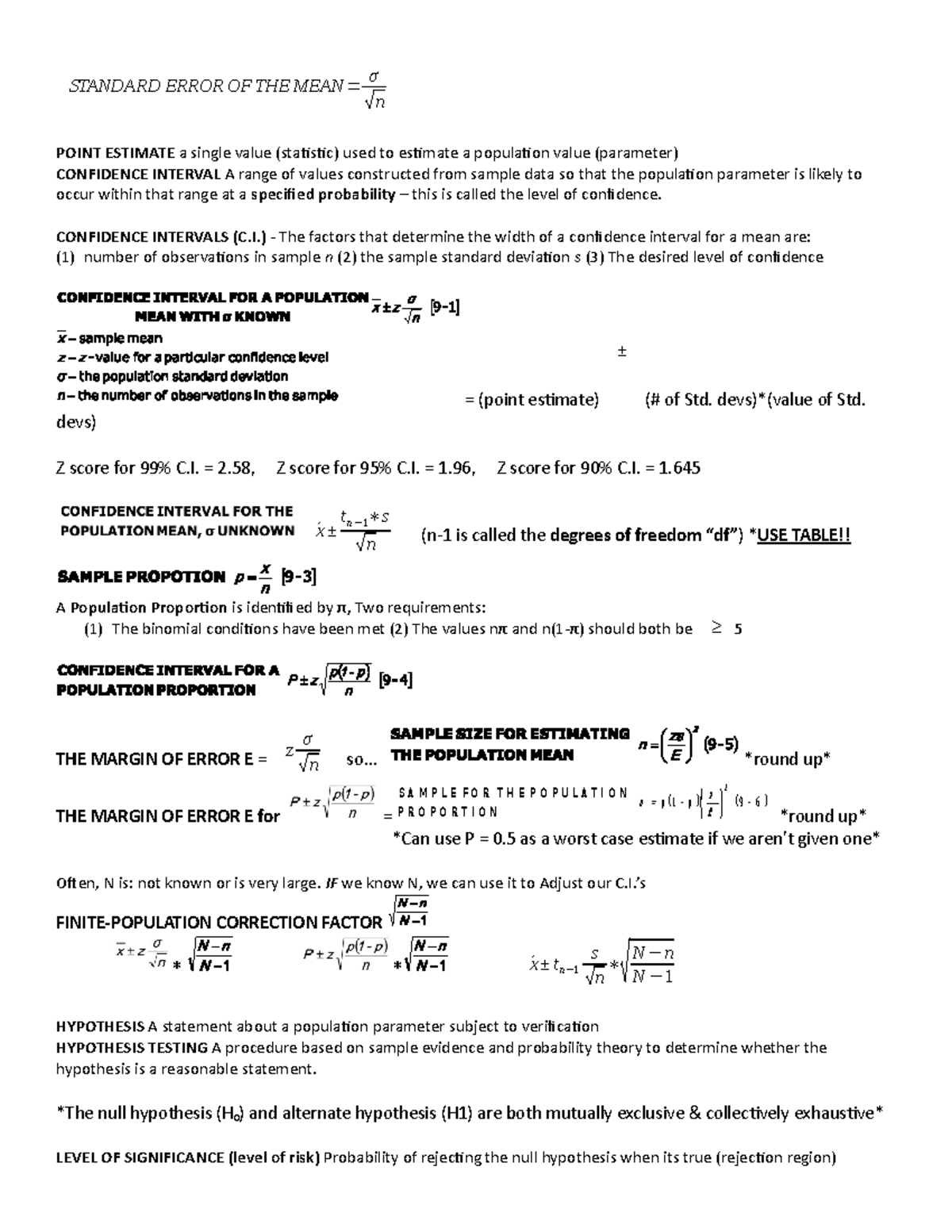 Test 3 Formula Sheet - STANDARD ERROR OF THE MEAN = σ √ n POINT ...