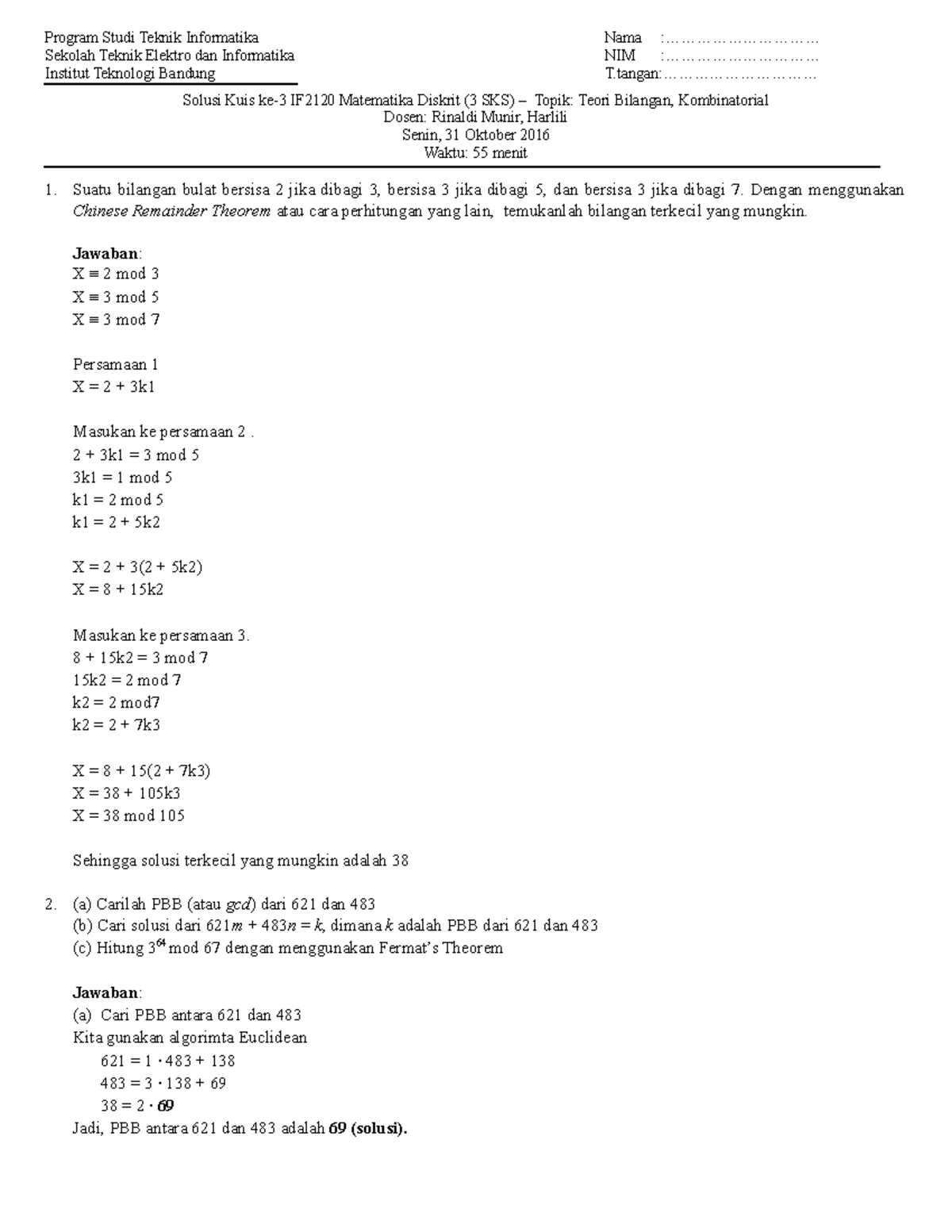 Solusi Kuis 3 IF2120 2016 - Program Studi Teknik Informatika Nama