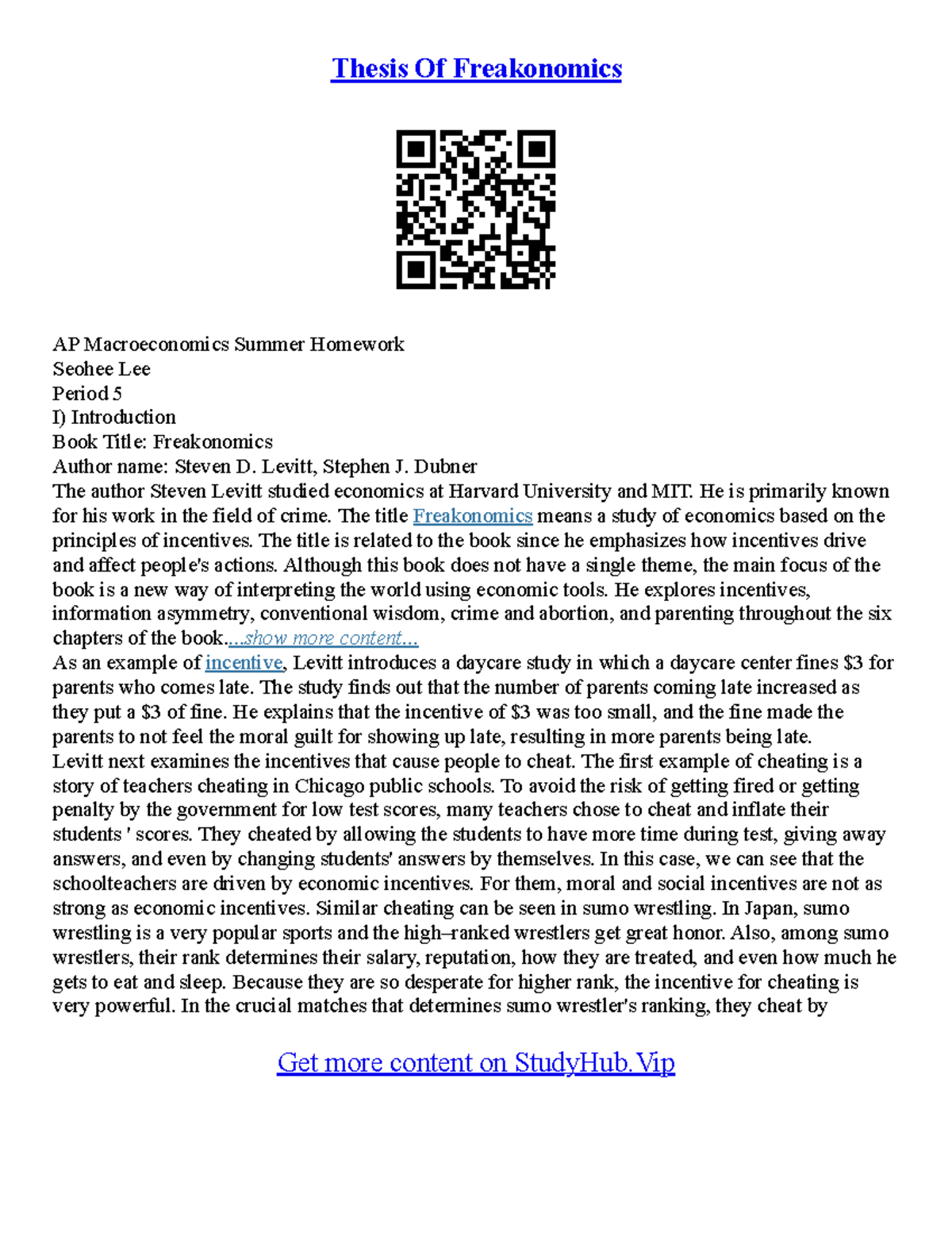 Freakonomics Essay - Thesis Of Freakonomics AP Macroeconomics Summer ...