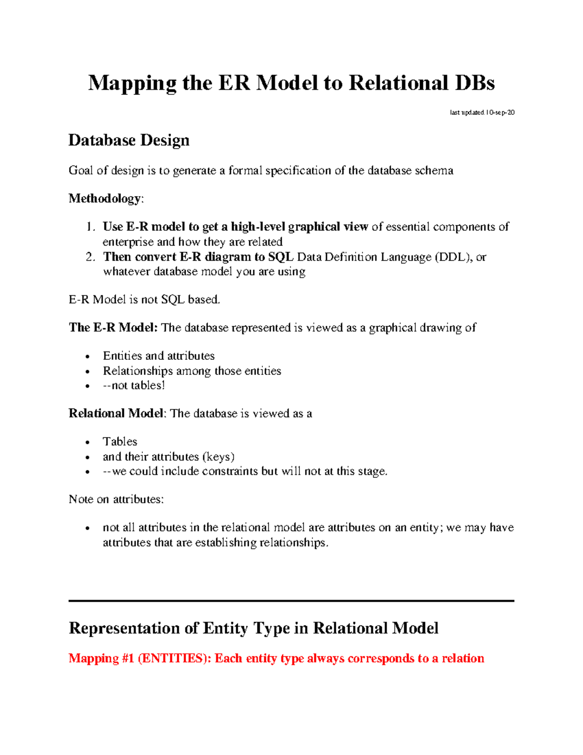 Er Mapping 1 Mapping The Er Model To Relational Dbs Last Updated 10 Sep 20 Database Design