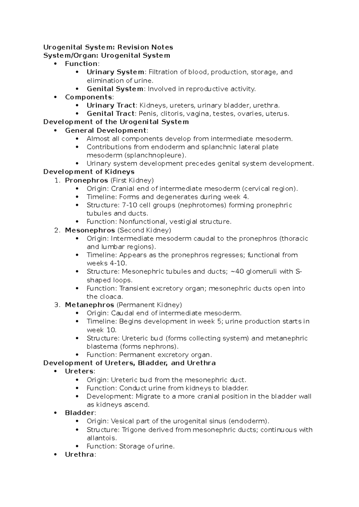 ANHB2212 Notes - Urogenital System: Revision Notes System/Organ ...