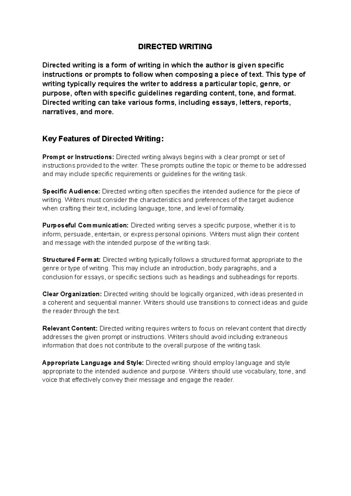 Directed Writing - DIRECTED WRITING Directed writing is a form of ...