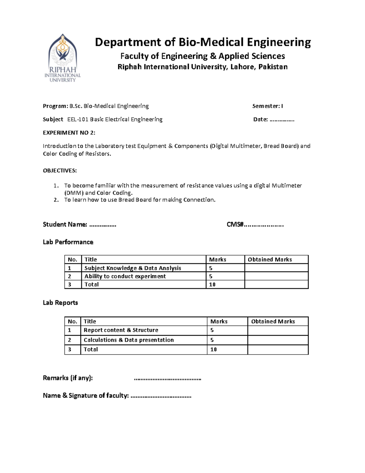 Lab 2 - BEE lab 2 - Department of Bio-Medical Engineering Faculty of ...