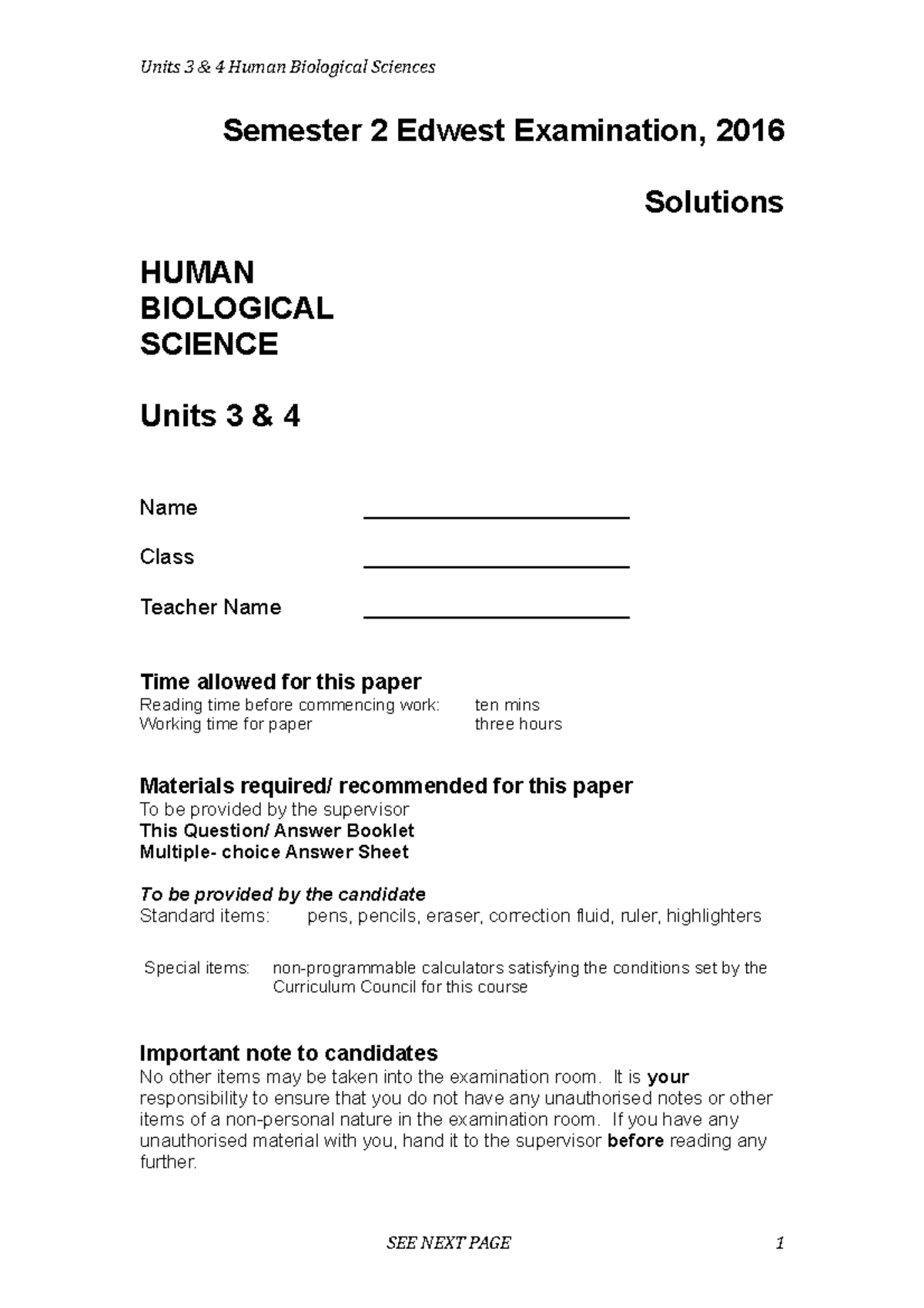 Human Biological Science Year 12 ATAR Semester 2 2016 Solutions ...