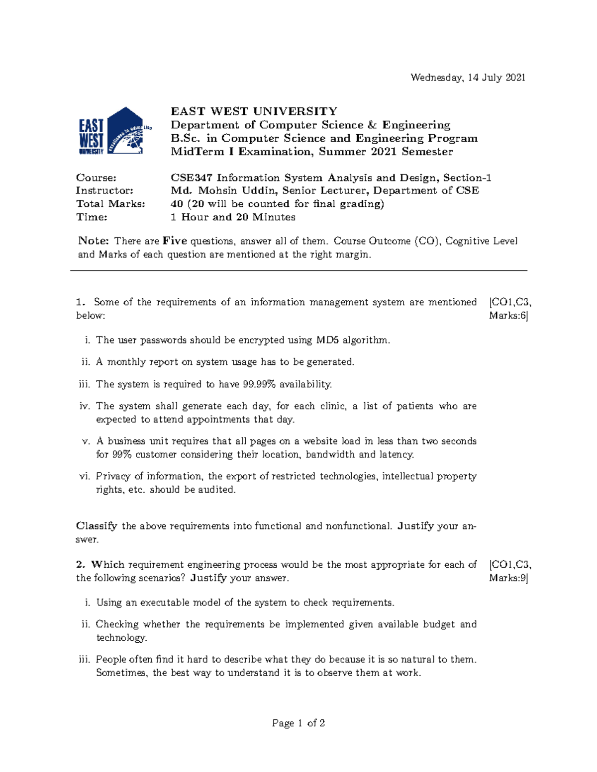 MMSU CSE347 1 Mid1 Summer 2021 - Wednesday, 14 July 2021 EAST WEST UNIVERSITY Department of ...