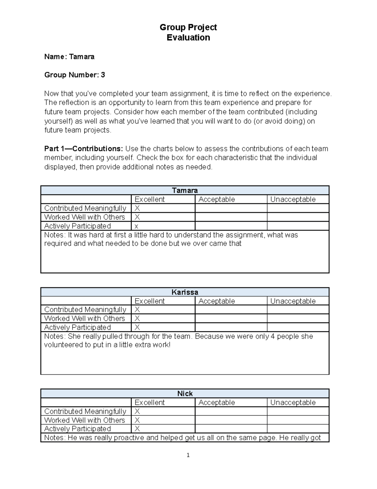 Group Project Reflection - Group Project Evaluation Name: Tamara Group ...