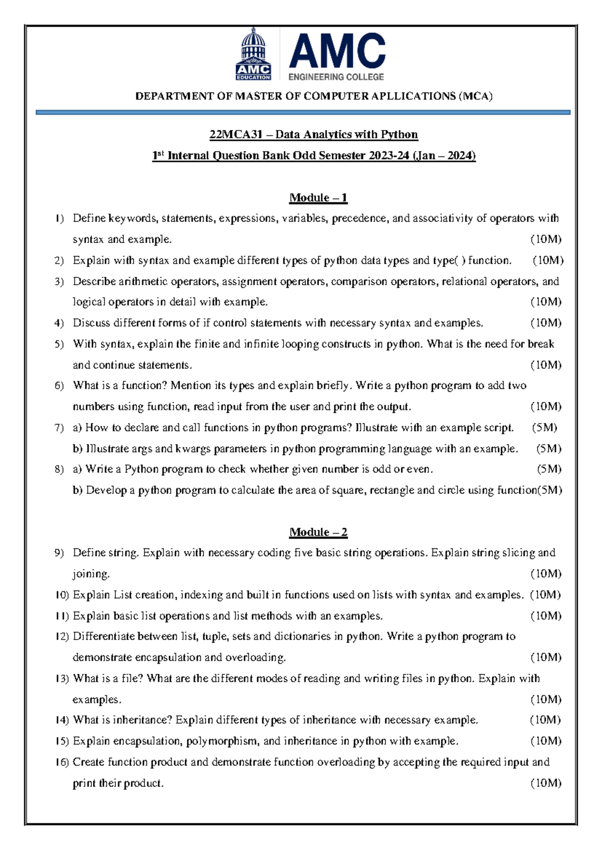 Q bank py - pdf - DEPARTMENT OF MASTER OF COMPUTER APLLICATIONS (MCA ...