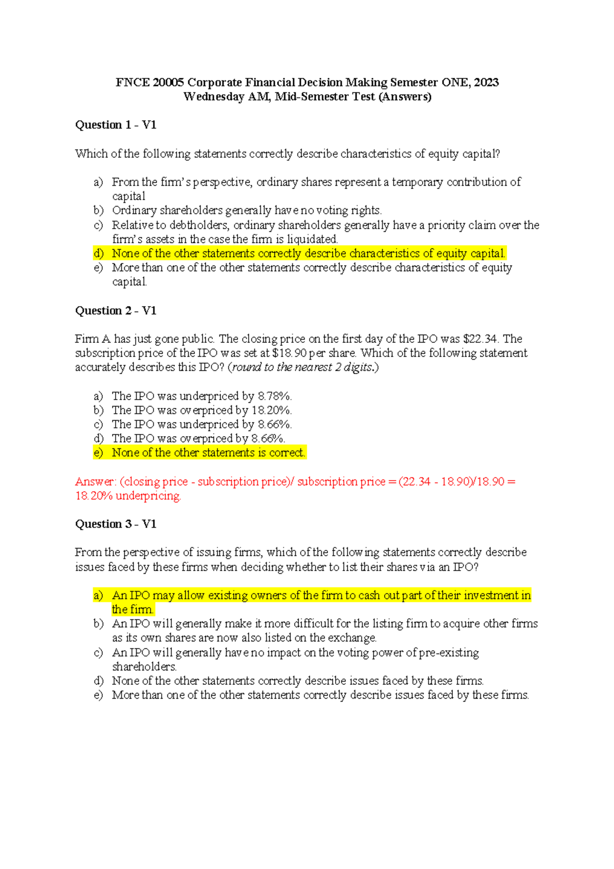 MST 2023 Wed with answer - FNCE 20005 Corporate Financial Decision ...