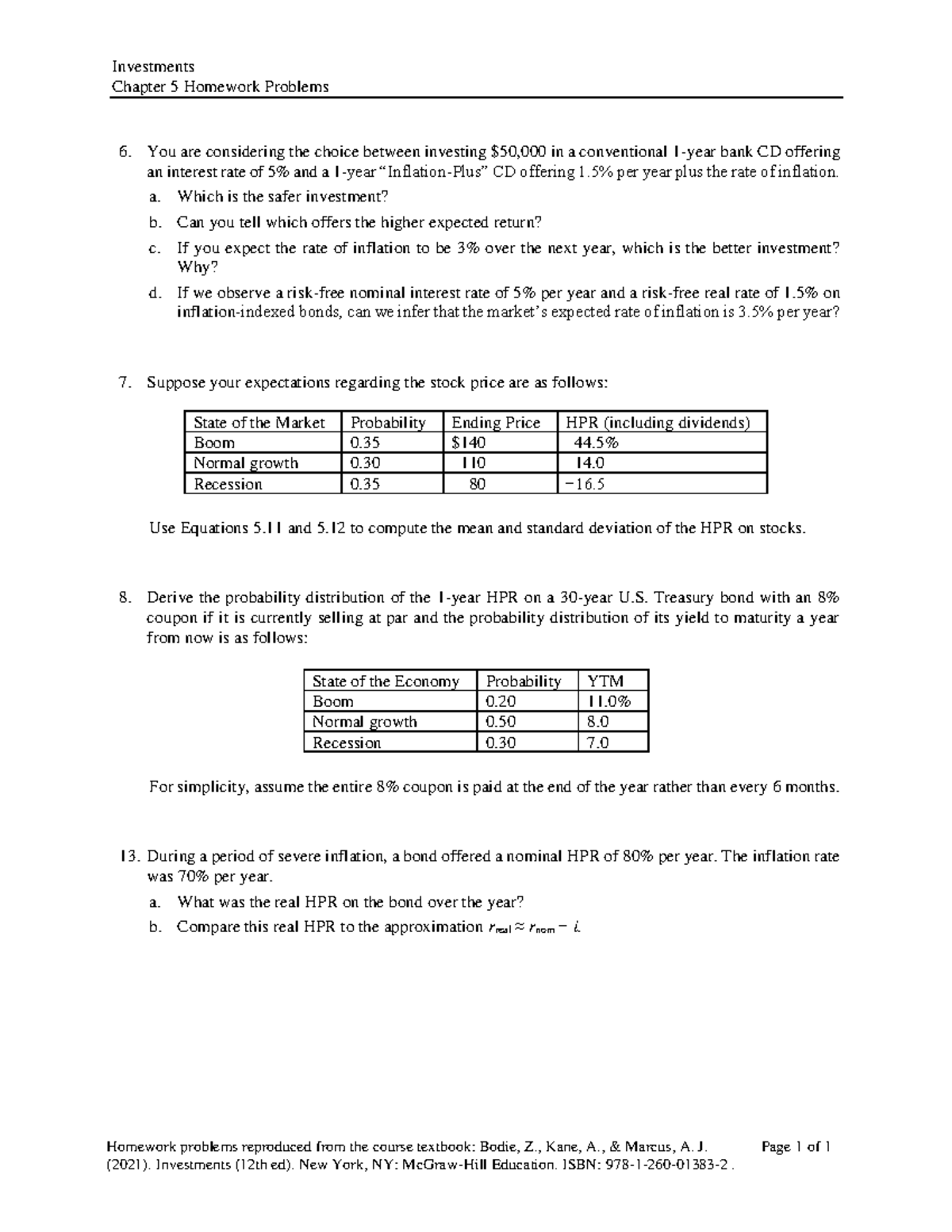 M1 Textbook Problems - Questions - Investments Chapter 5 Homework ...