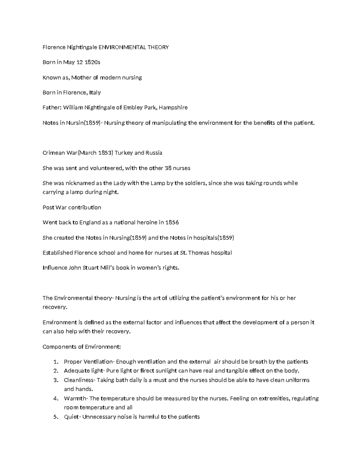TFN summary mod 1 - Florence Nightingale ENVIRONMENTAL THEORY Born in ...