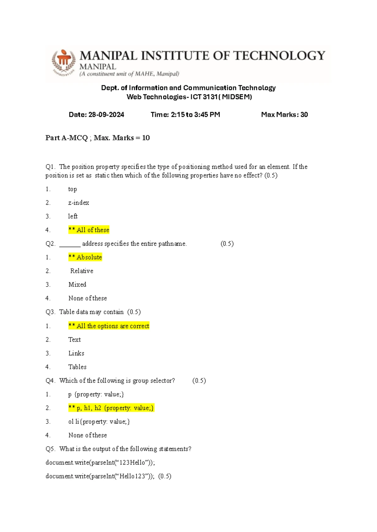 Midsem paper answer key - Note: 1. Kindly find the faculty name for the question given in the ...