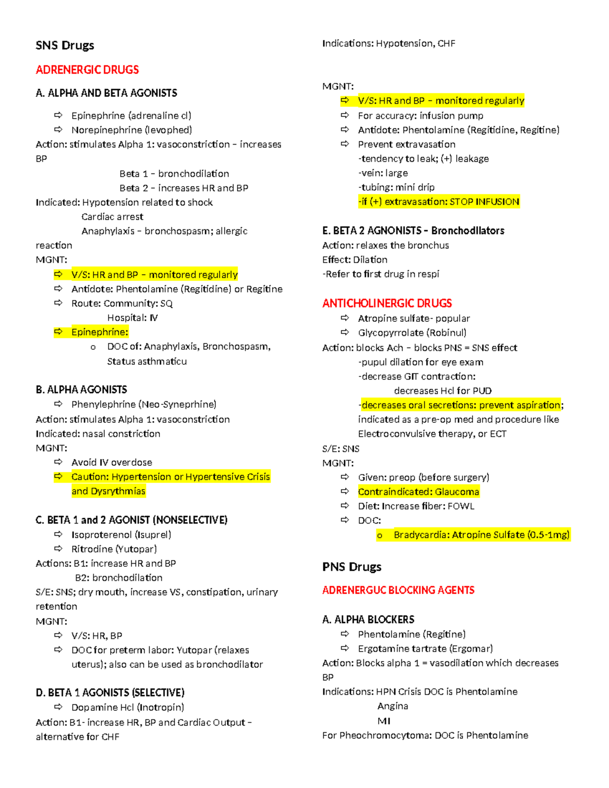 Pharma - Notes - SNS Drugs ADRENERGIC DRUGS A. ALPHA AND BETA AGONISTS ...