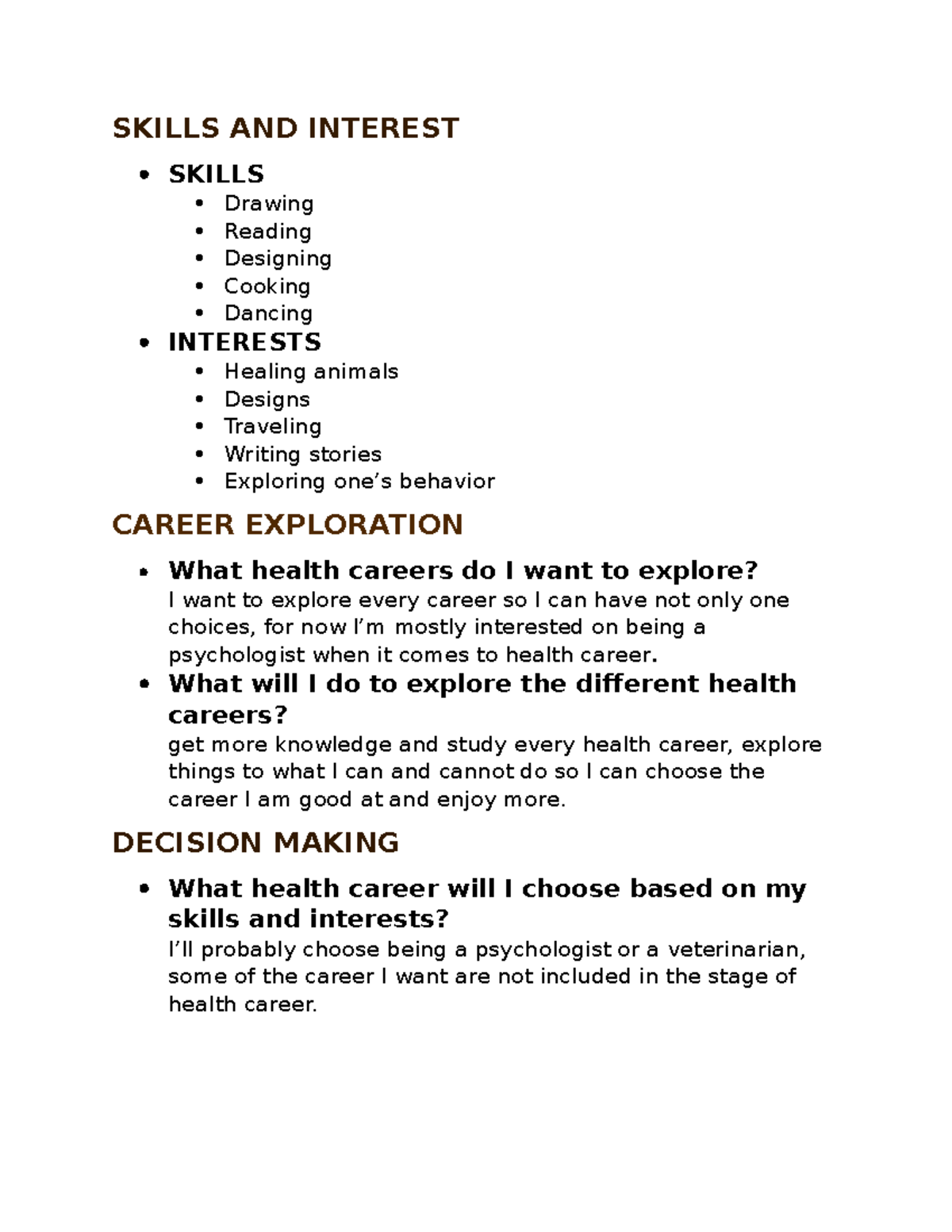 Skills AND Interest - SKILLS AND INTEREST SKILLS Drawing Reading ...