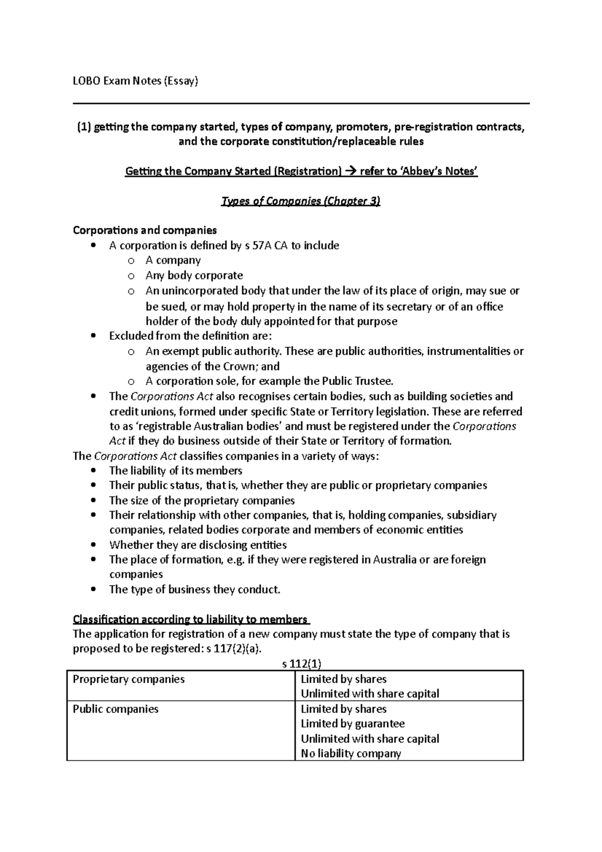 LOBO Essay Notes - LOBO Exam Notes (Essay) (1) geing the company ...