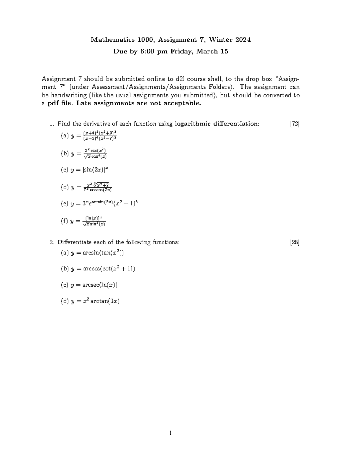 Assignment 7 - assigntment 7 - Mathematics 1000, Assignment 7, Winter ...