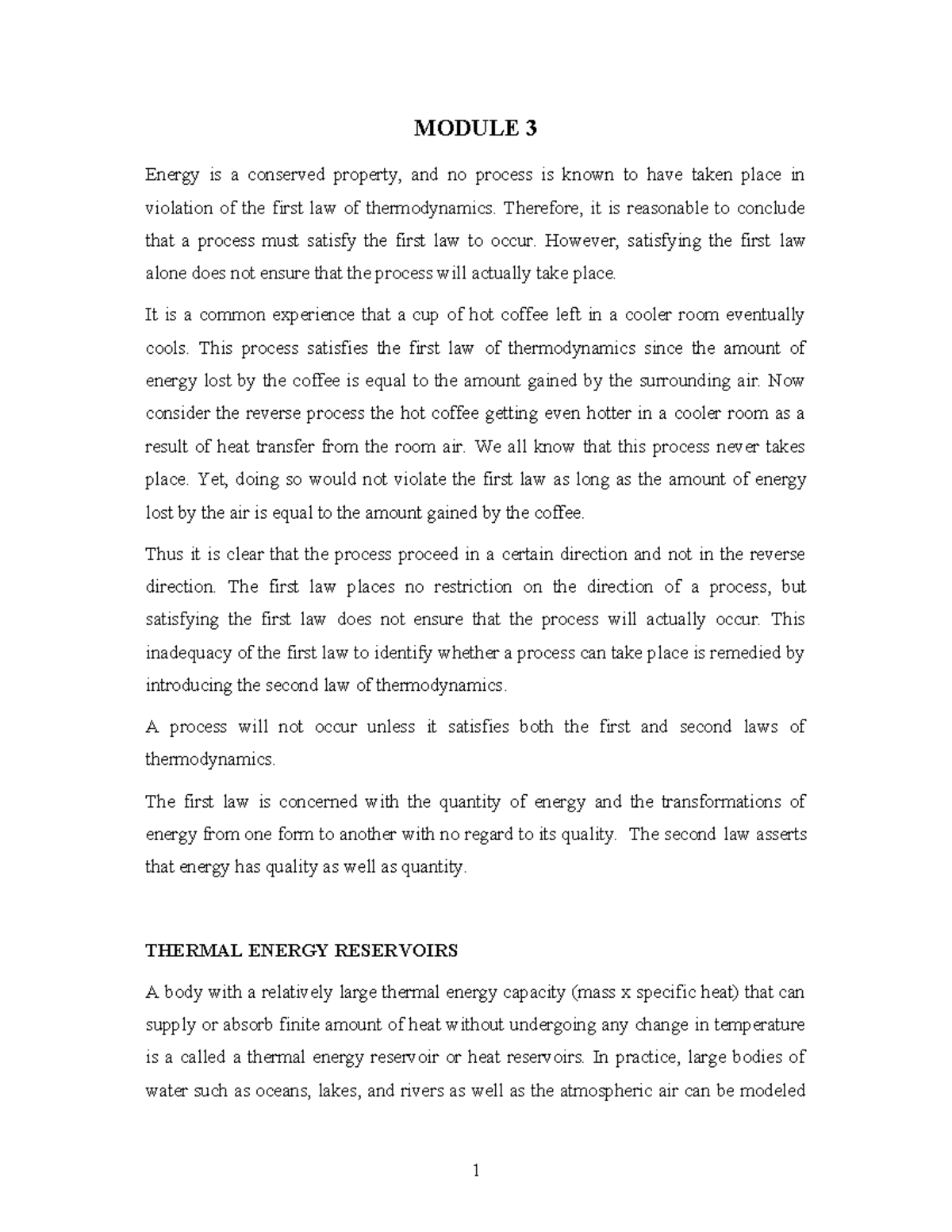 Thermodynamics -3rd mod - MODULE 3 Energy is a conserved property, and ...