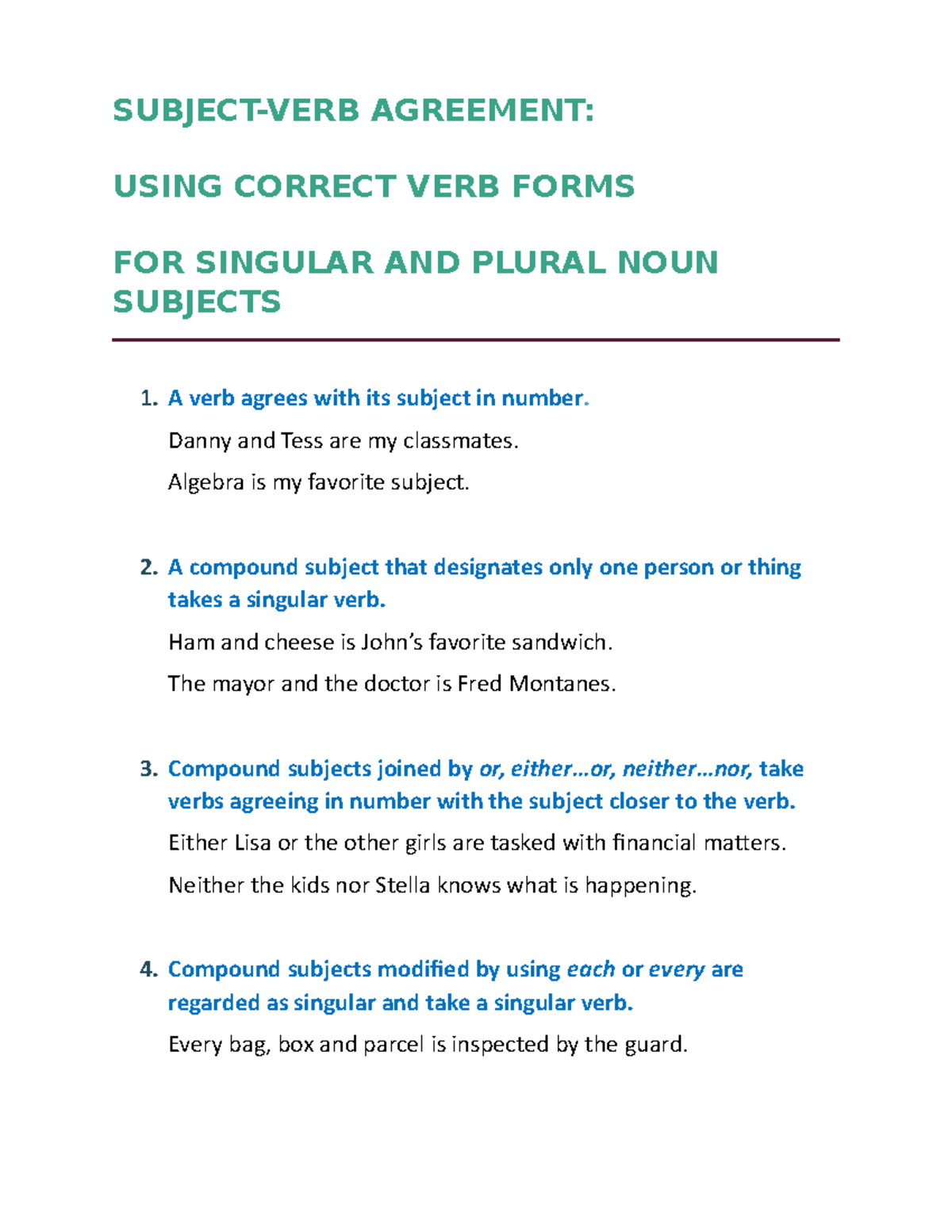 Subject-Verb Agreement - SUBJECT-VERB AGREEMENT: USING CORRECT VERB ...