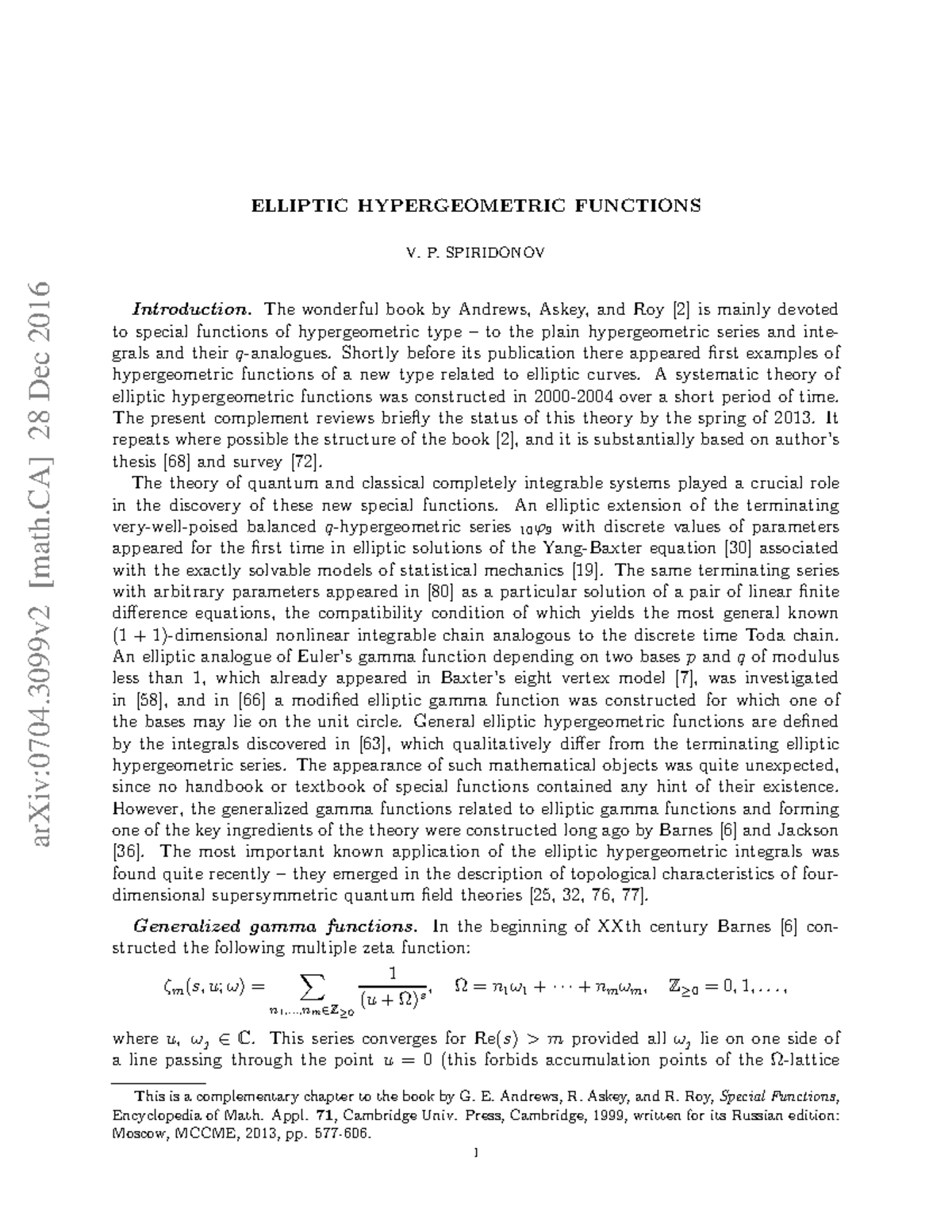 0704 - Cours - arXiv:0704 [math] 28 Dec 2016 ELLIPTIC HYPERGEOMETRIC FUNCTIONS V. P. SPIRIDONOV ...