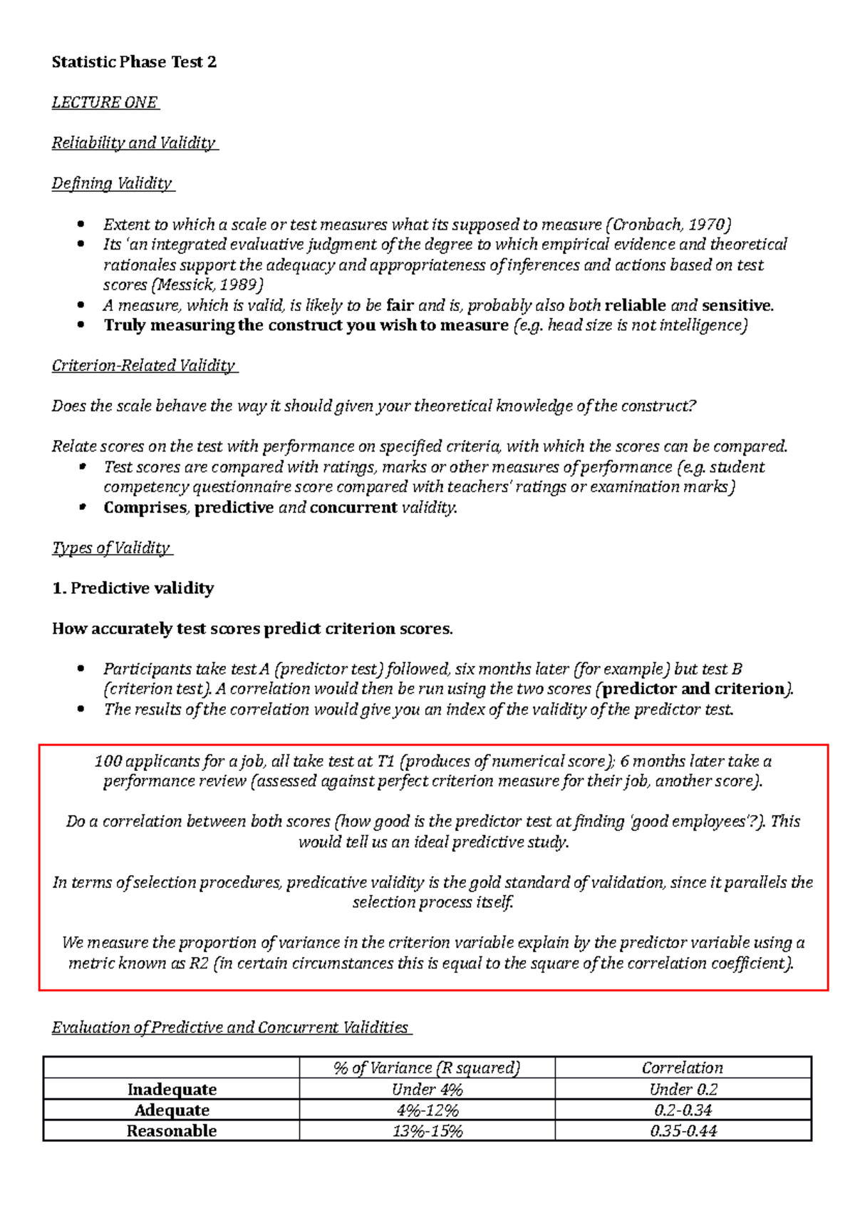 Phase Test 2 Notes - Statistic Phase Test 2 LECTURE ONE Reliability and ...