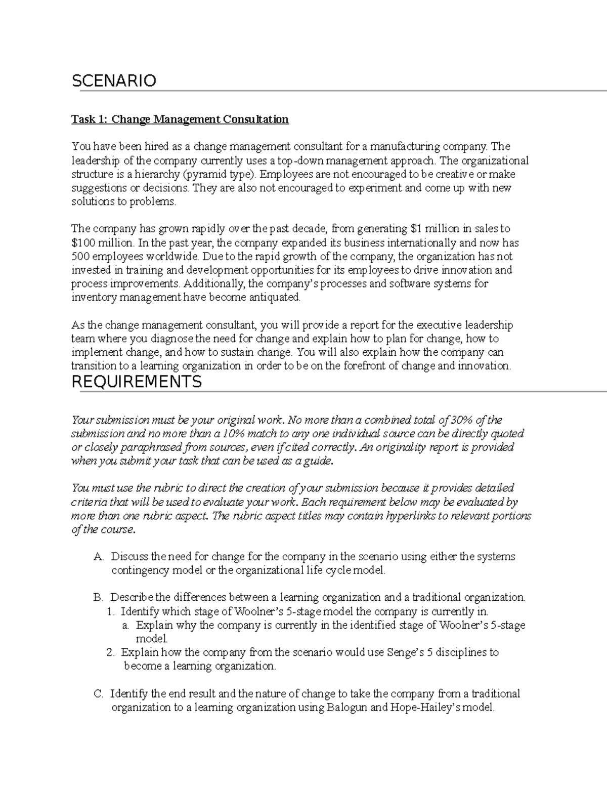 C721 Scenario and Requirements - SCENARIO Task 1: Change Management ...