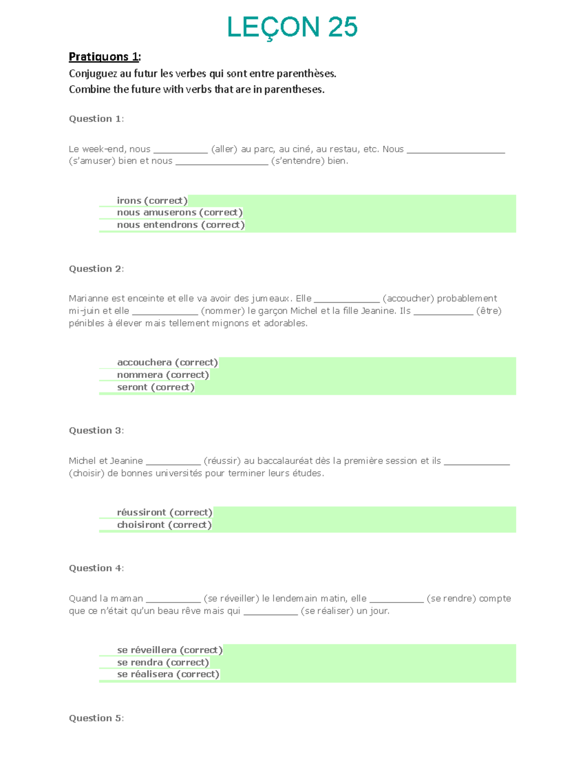 French 1 - Pratiquons 25 - Uploaded - LEÇON 25 Pratiquons 1: Conjuguez ...