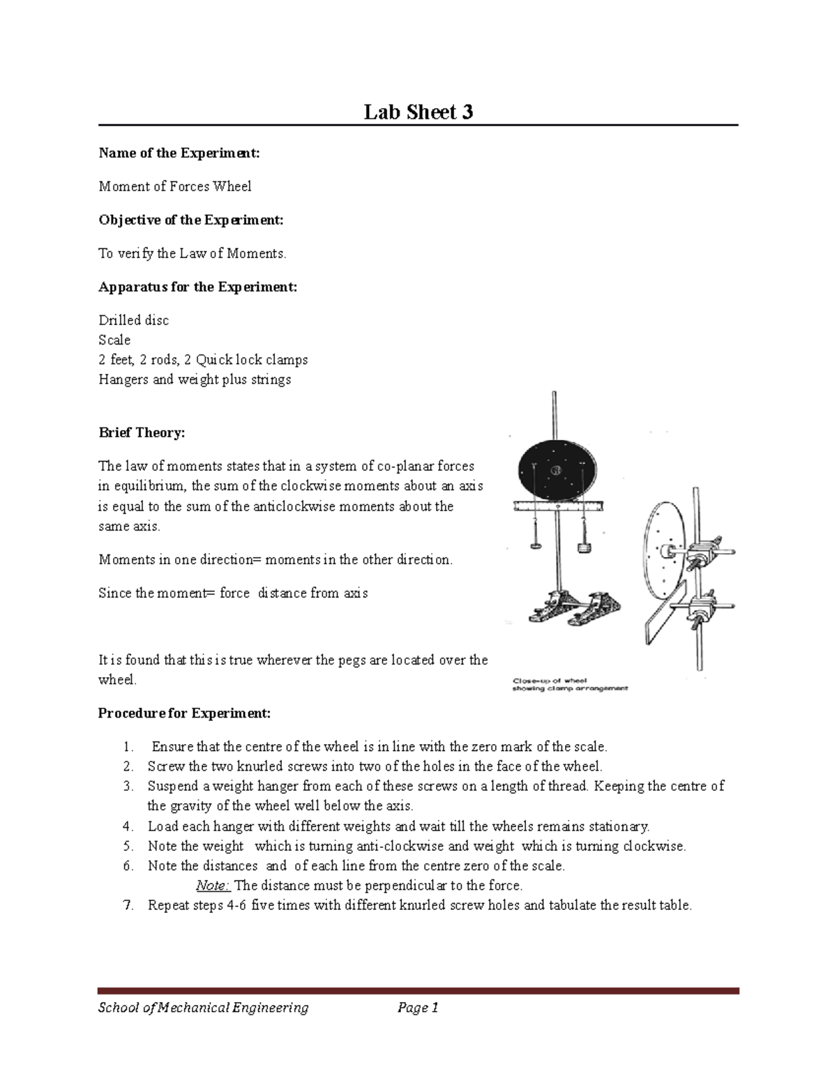 Mechanical Engineering Moments Lab - Lab Sheet 3 Name of the Experiment ...