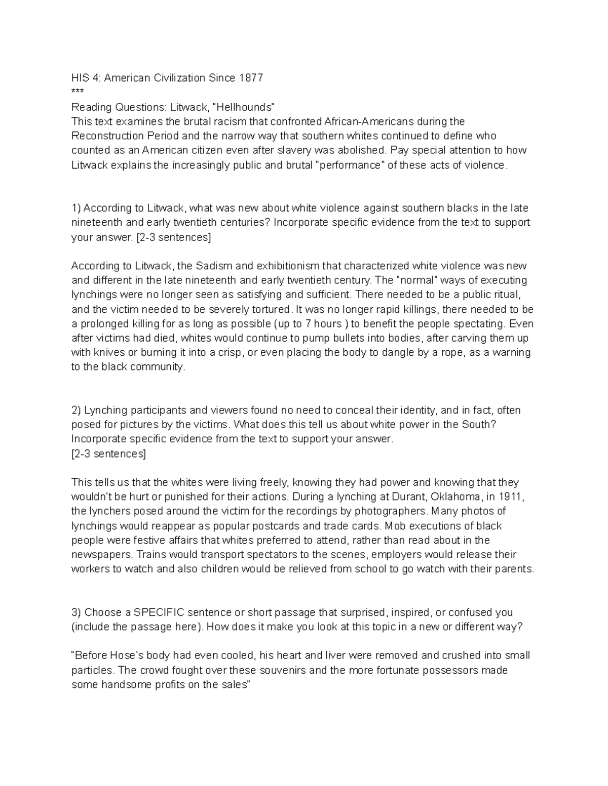 History 4 homework - HIS 4: American Civilization Since 1877 Reading ...