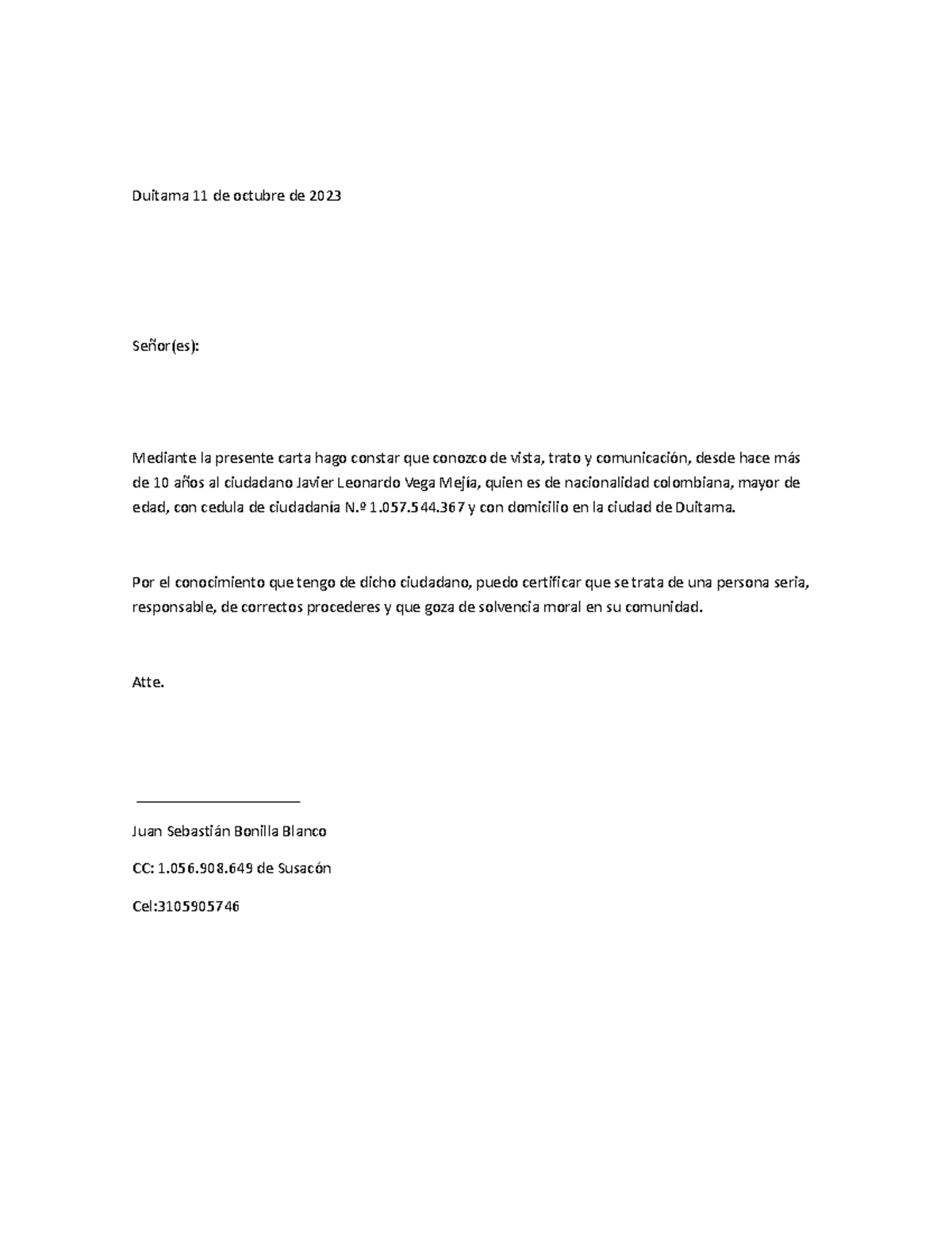 personales ref - Duitama 11 de octubre de 2023 Señor(es): Mediante la ...